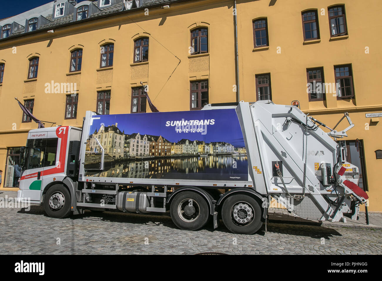 Alesund, Norway, July 27, 2018: Garbage truck is seen on the streets in ...