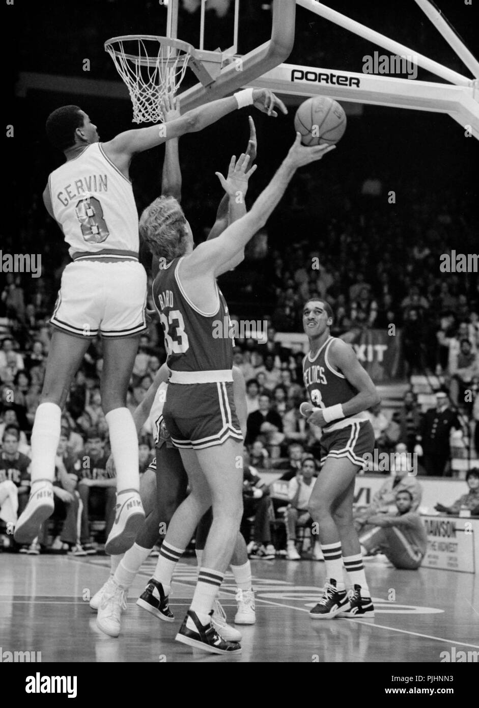 Boston Celtics Hall of Famer Larry Bird brings the ball up against the ...