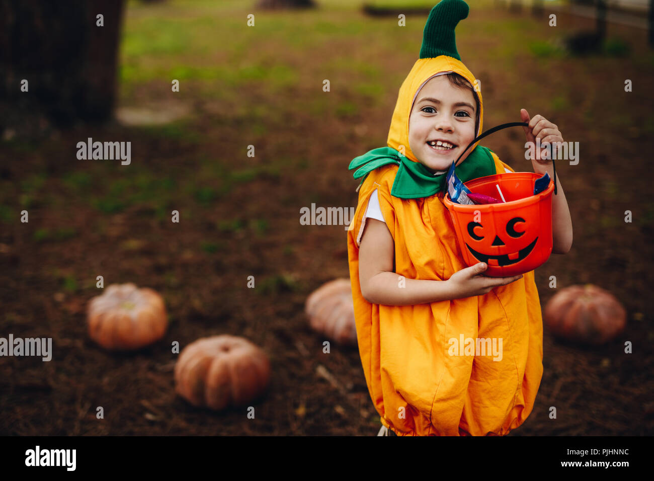 Portrait of cute little girl in Halloween costume holding pumpkin ...