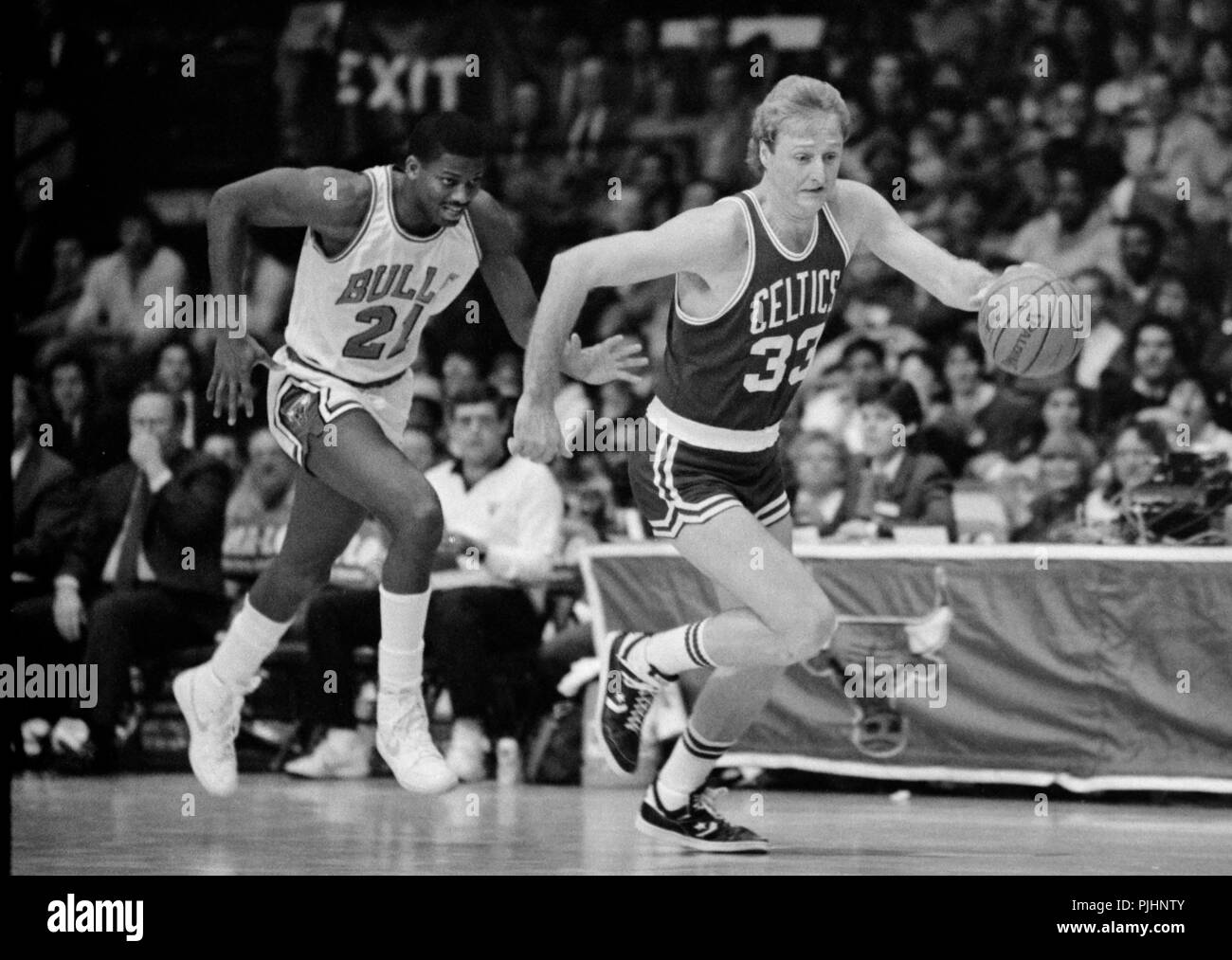 Boston Celtics Hall of Famer Larry Bird brings the ball up against the ...