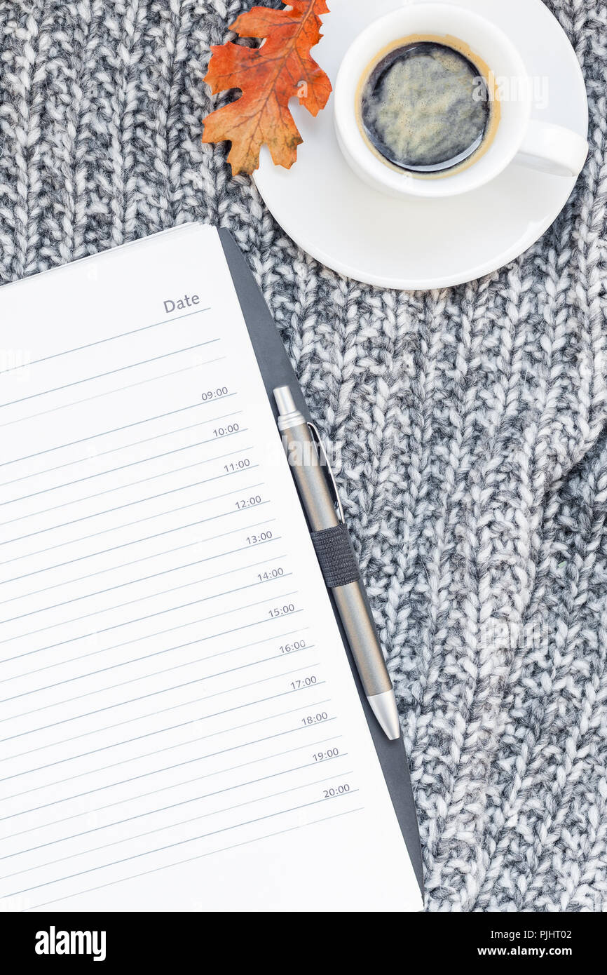 Creative autumn flat lay overhead top view stylish home workspace with ...