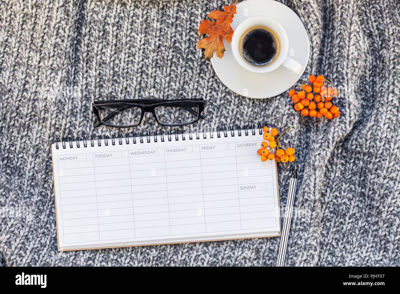 Creative autumn flat lay overhead top view stylish home workspace with ...