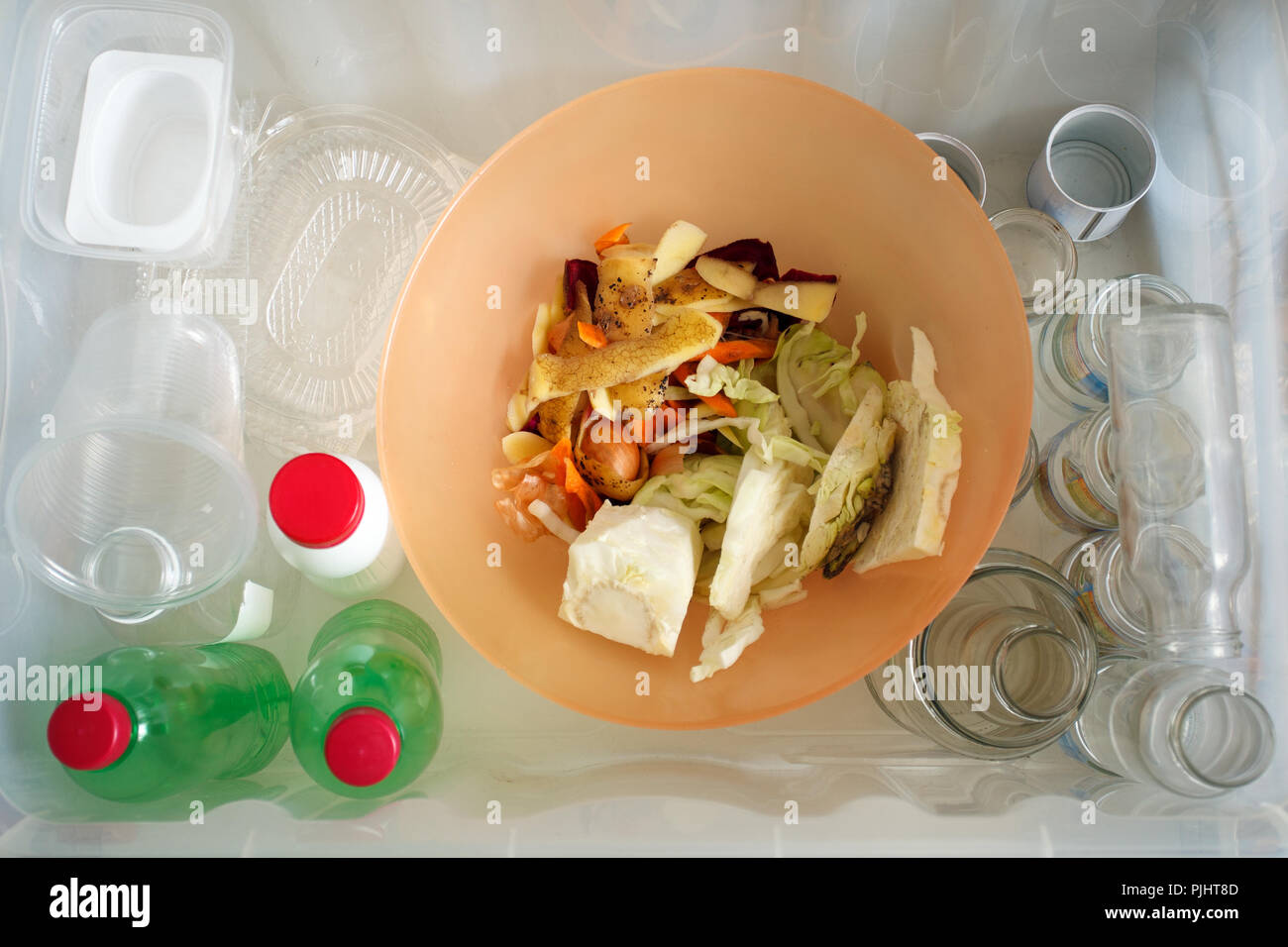sorting of garbage types. Waste management concept. Top view ...