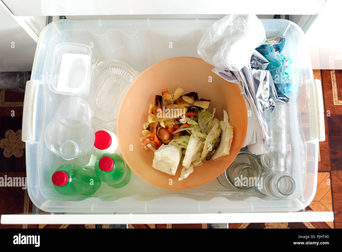 sorting of garbage types. Waste management concept. Top view ...