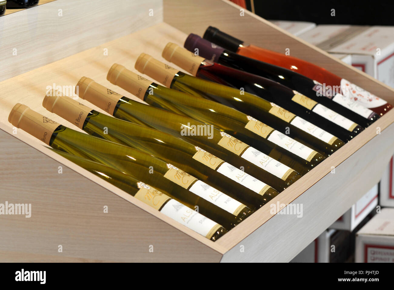 Alsace wine bottles in a crate,Alsace,France Stock Photo - Alamy