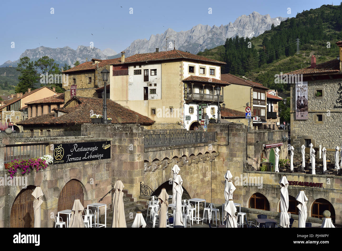 Central Potes, Picos de Europa, Cantabria, showing restaurants, the ...