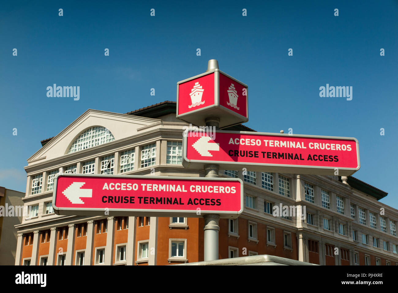 Spain, Galicia, A Coruna, Harbour, cruise terminal direction signs ...