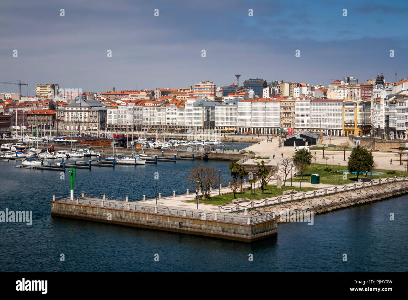 Spain, Galicia, A Coruna, harbour, waterfront park and marina by ...
