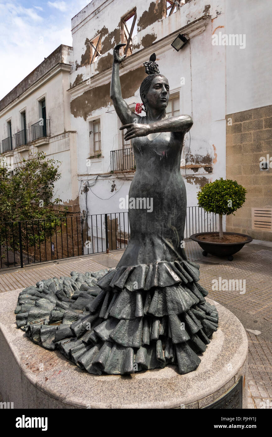 Spain, Cadiz, bronze statue of famous Flamenco Dancer Conchita Aranda ...