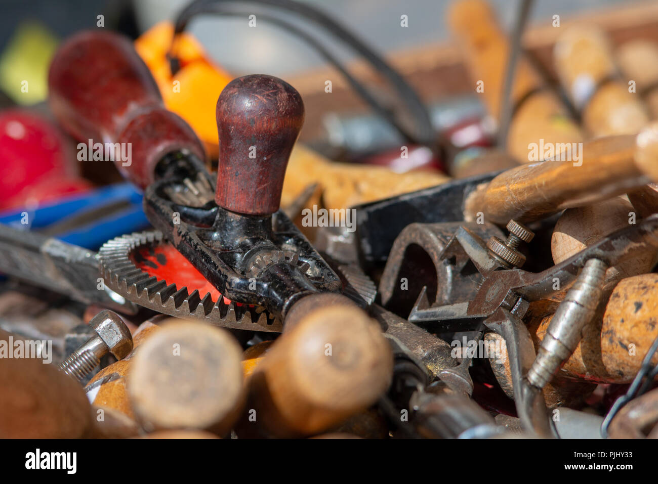 selection of vintage old tools on a market stall in the UK Stock Photo ...
