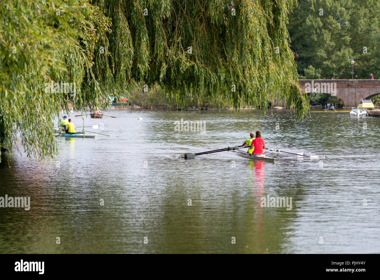 racing boats under willow tree with arched bridge in background Stock ...