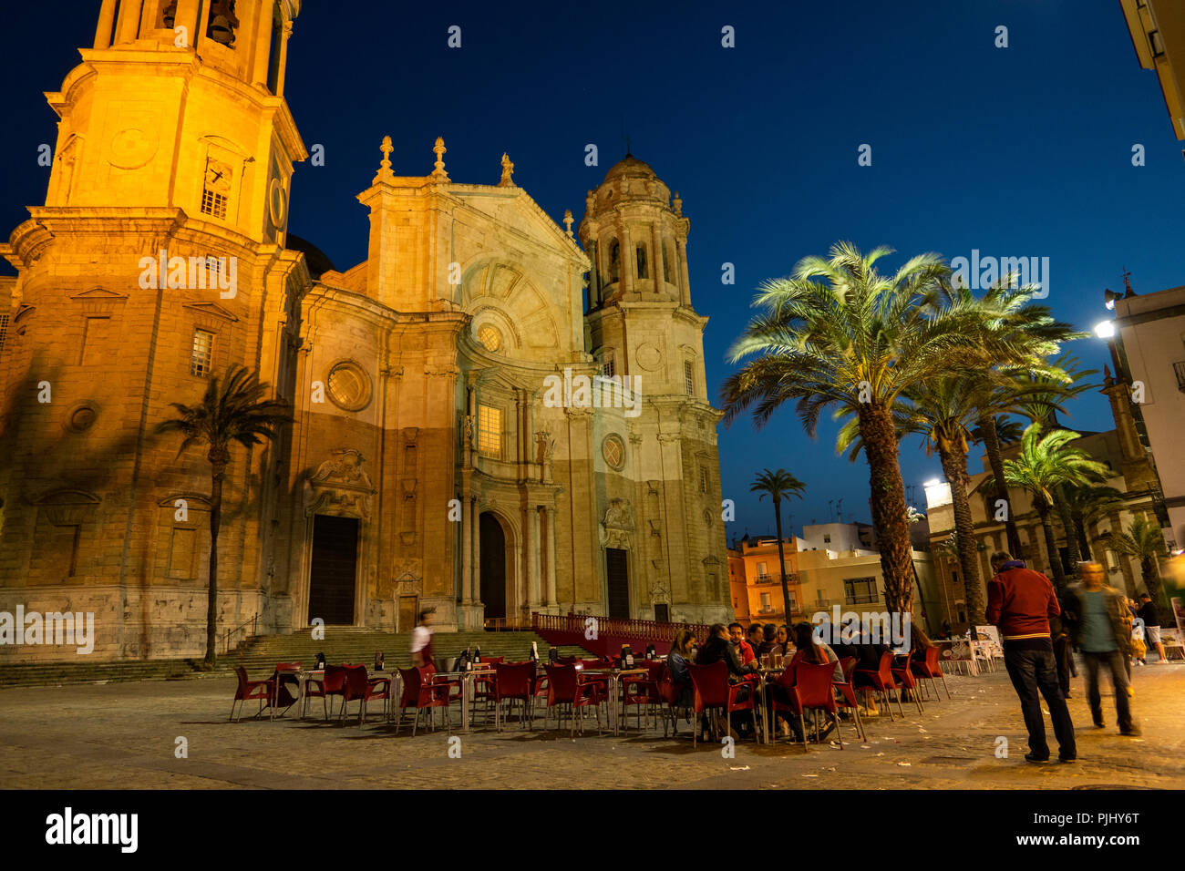 Spain, Cadiz, Plaza de la Catedral, Cathedral illuminated at night ...