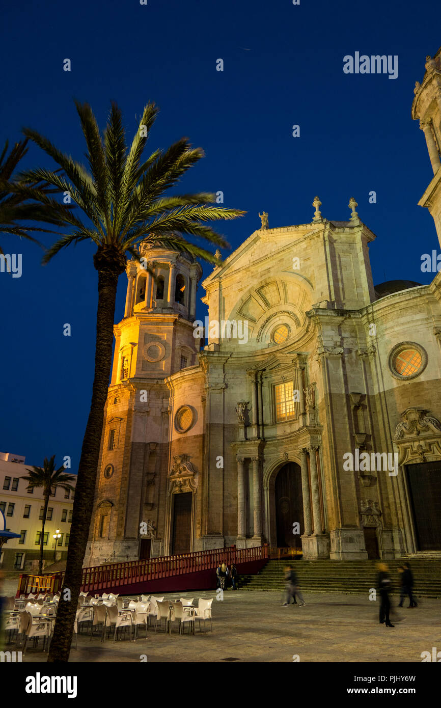 Spain, Cadiz, Plaza de la Catedral, Cathedral illuminated at night ...