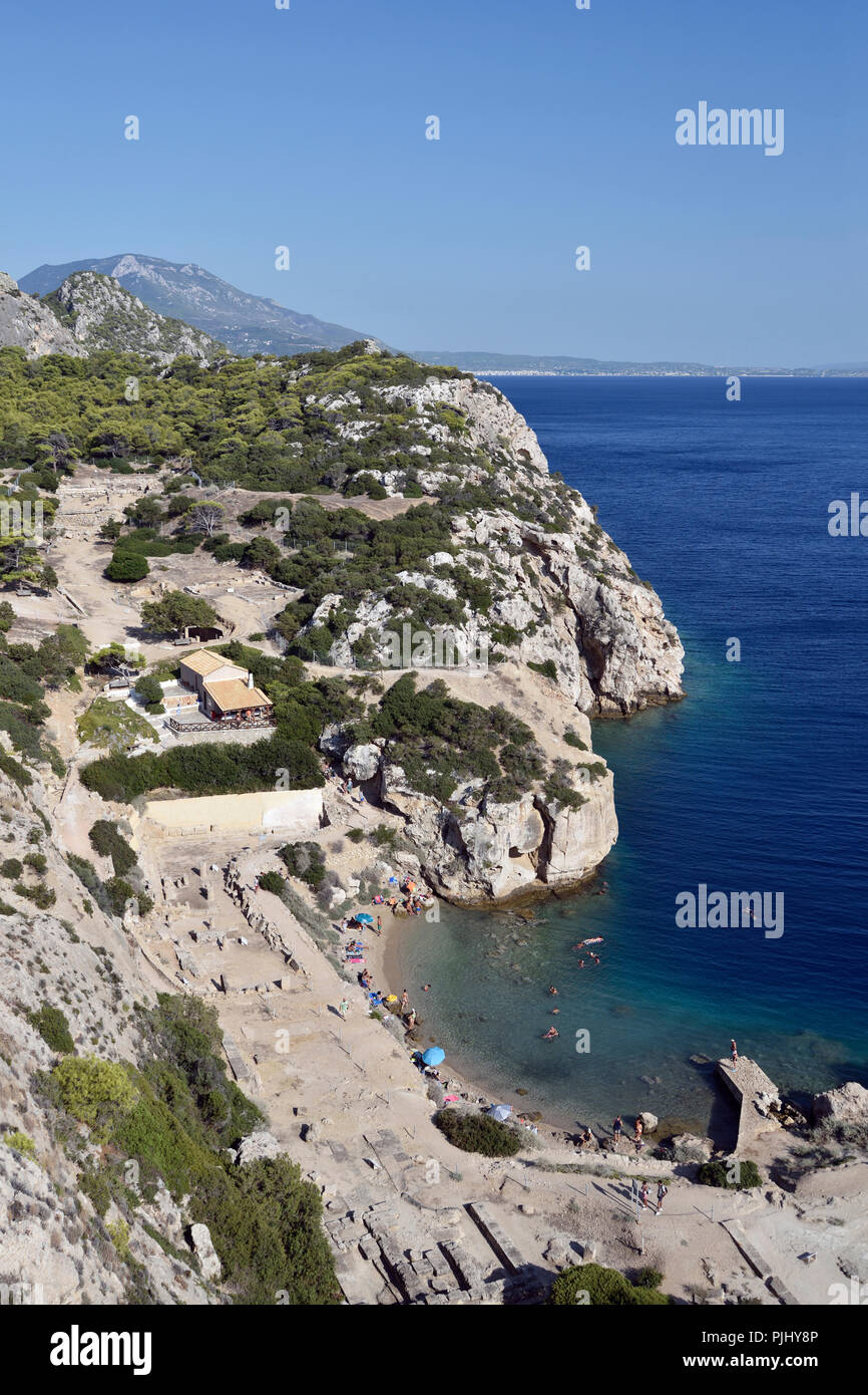 Beach and archaeological site at Heraion, Corinth, Greece Stock Photo ...