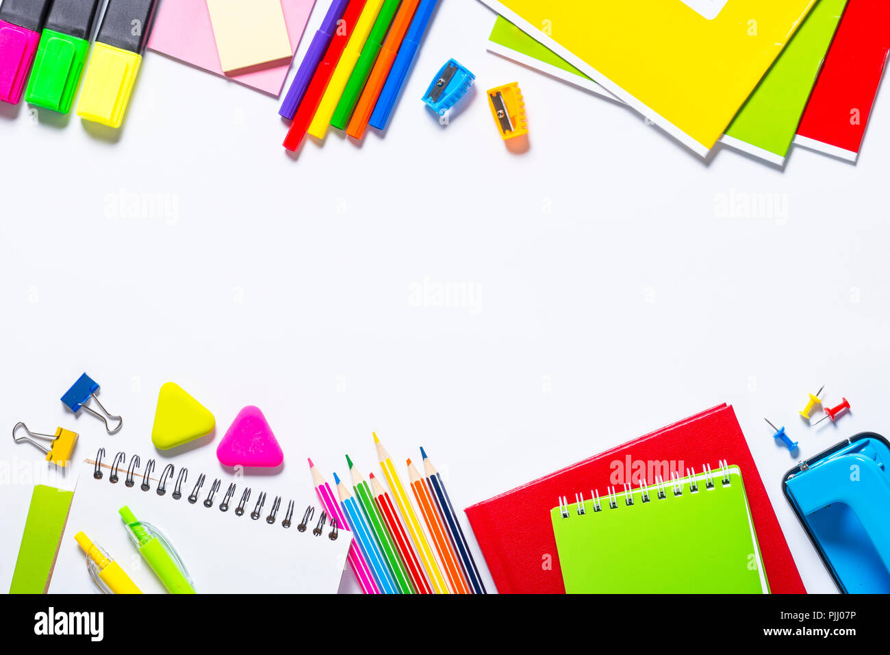 School and office supplies on white background. Notebook, notepad, pen ...