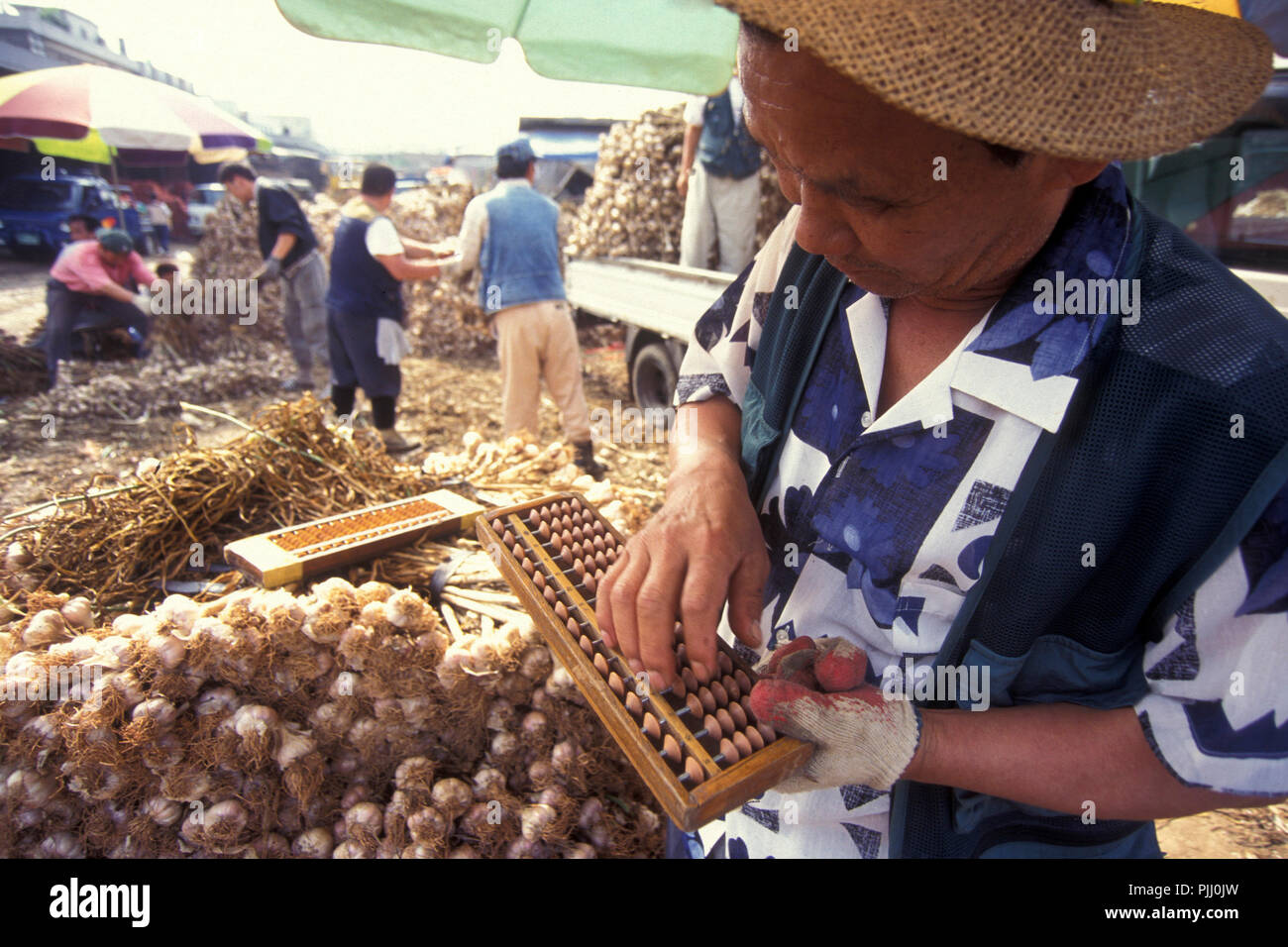 garlic in a shop on a market in the city of Seoul in South Korea in ...