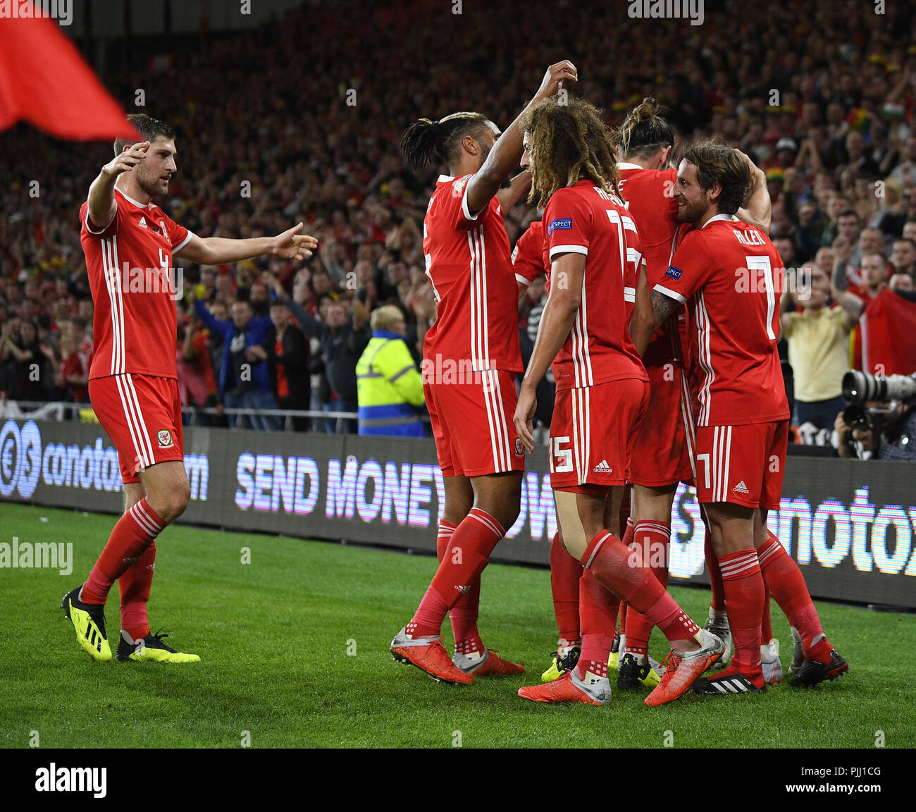 Welsh players celebrate goal during the Wales v Ireland game at Cardiff ...