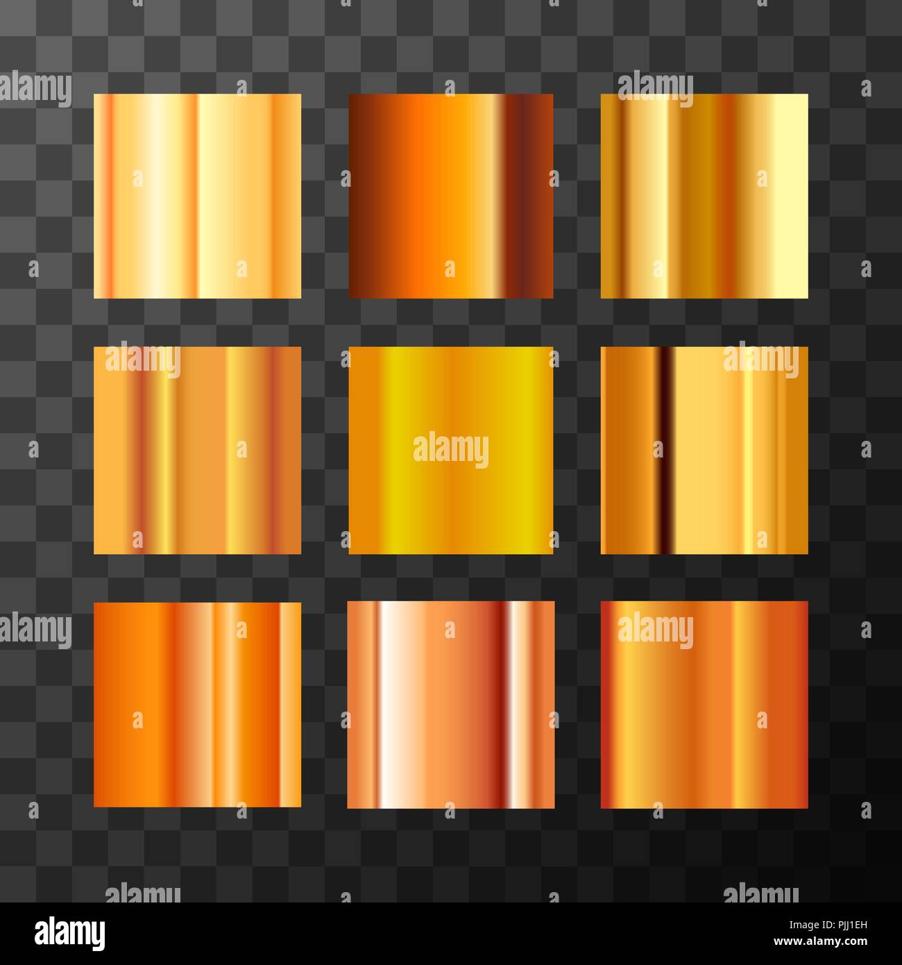Set of different gold metal gradients swatches on transparent ...