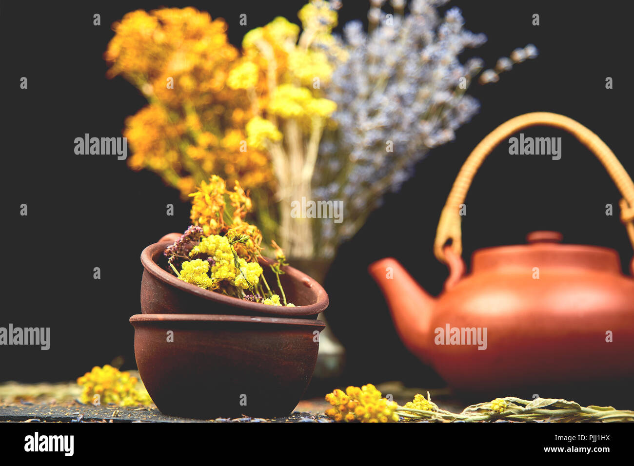 Cup of herbal tea - tutsan, sagebrush, oregano, helichrysum, lavender ...