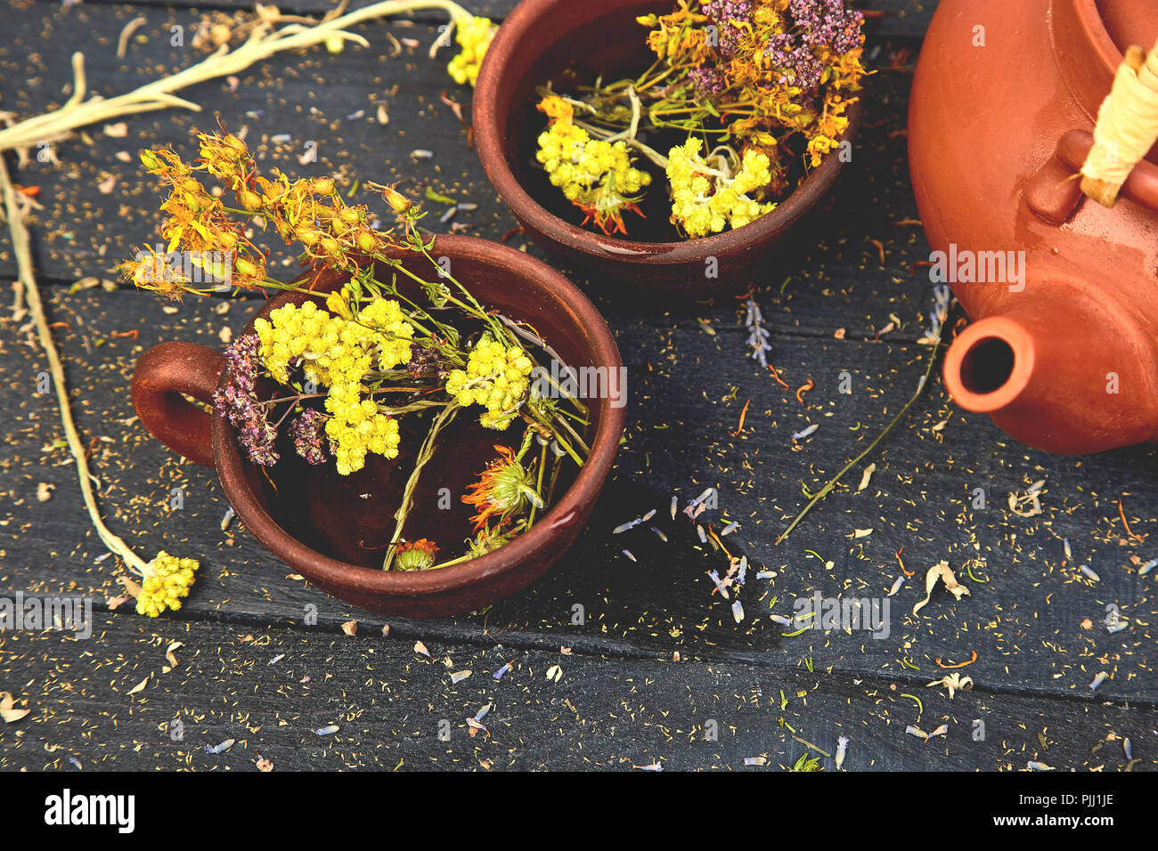 Cup of herbal tea - tutsan, sagebrush, oregano, helichrysum, lavender ...