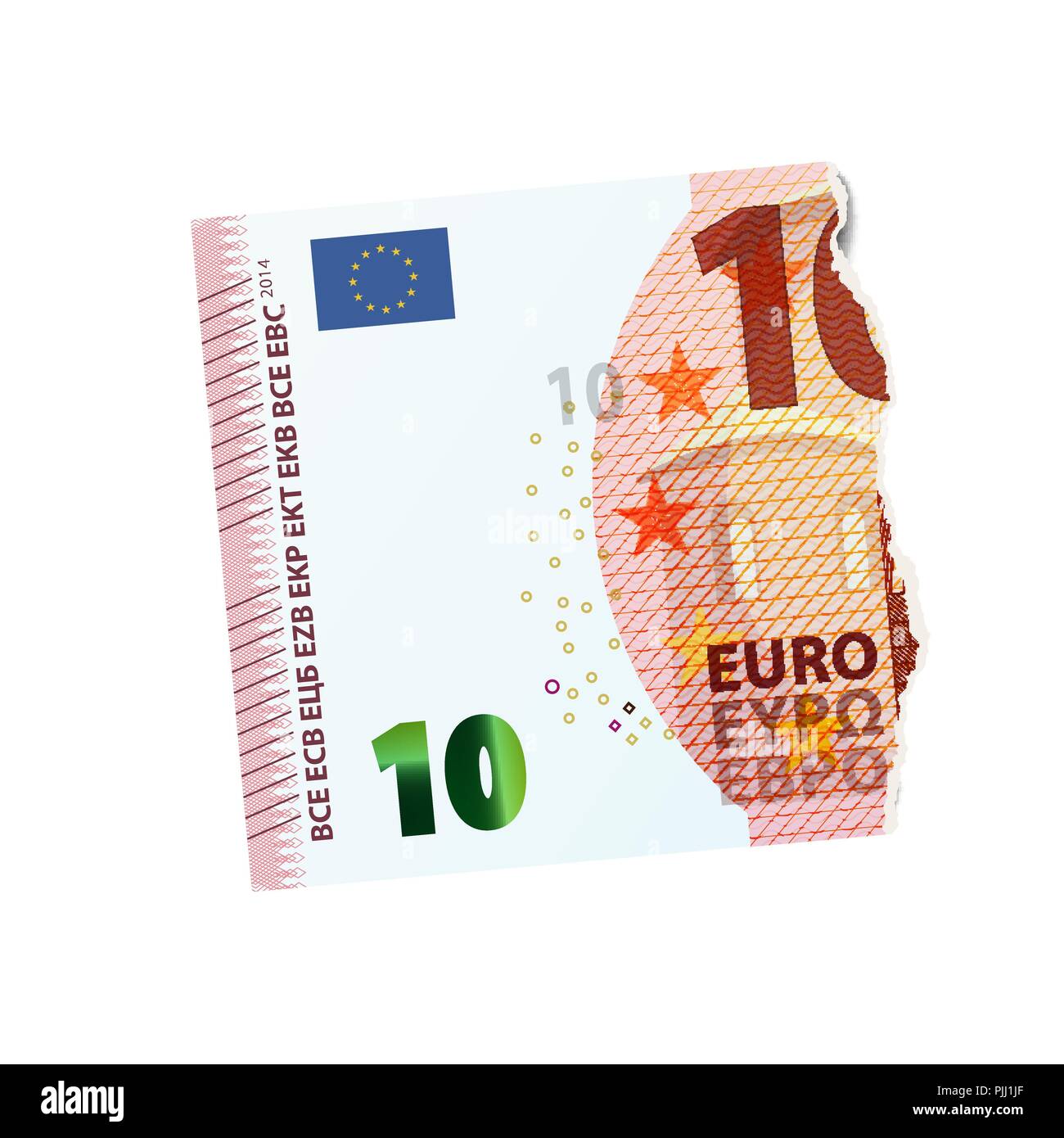 Realistic dummy of half ten euro banknote torn into two pieces on white ...