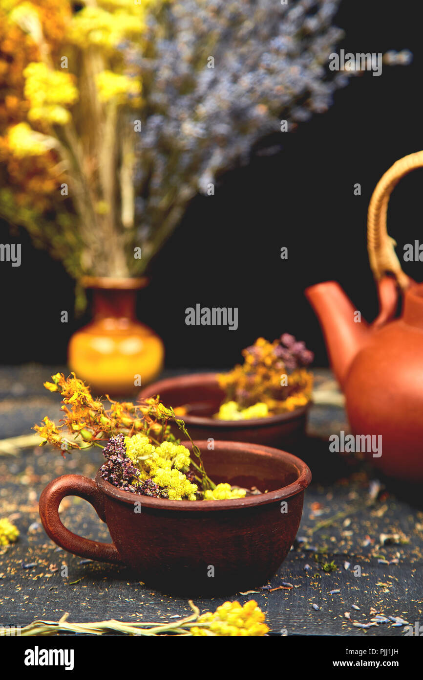 Cup of herbal tea - tutsan, sagebrush, oregano, helichrysum, lavender ...