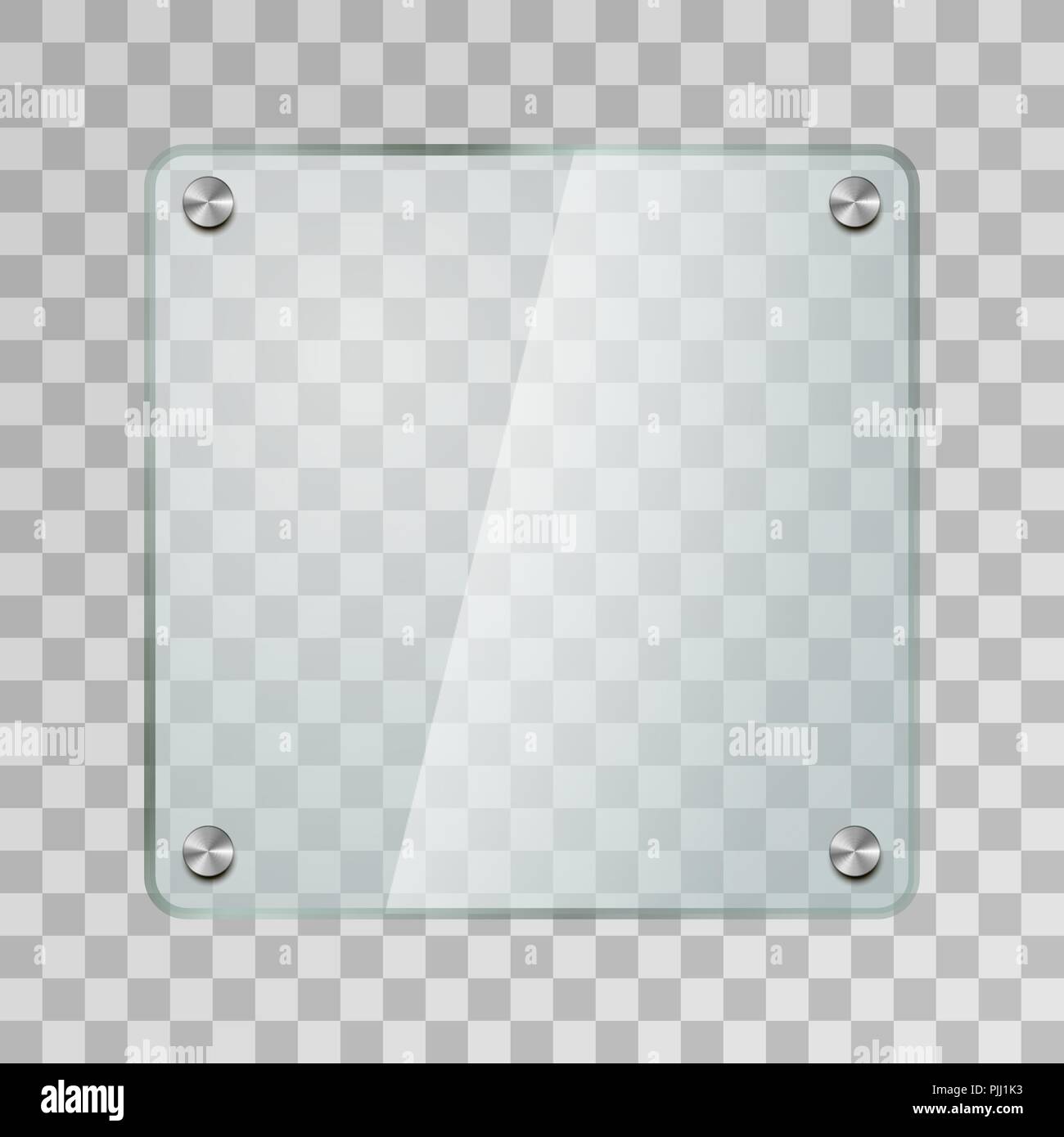 Realistic glossy glass square plate with metal screws on transparent ...