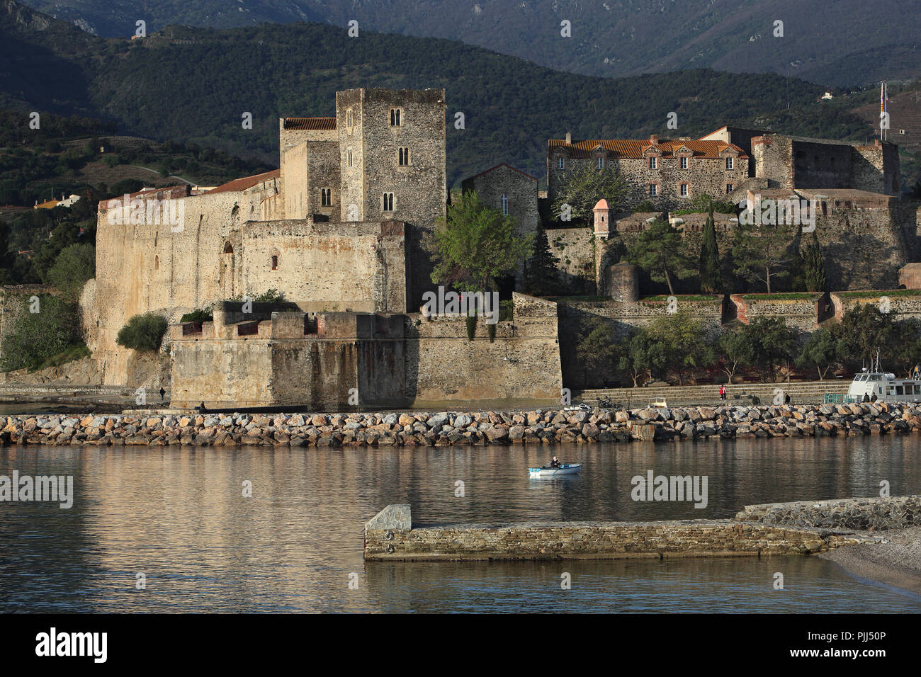 France, Collioure castle, general view with the port from the jetty ...