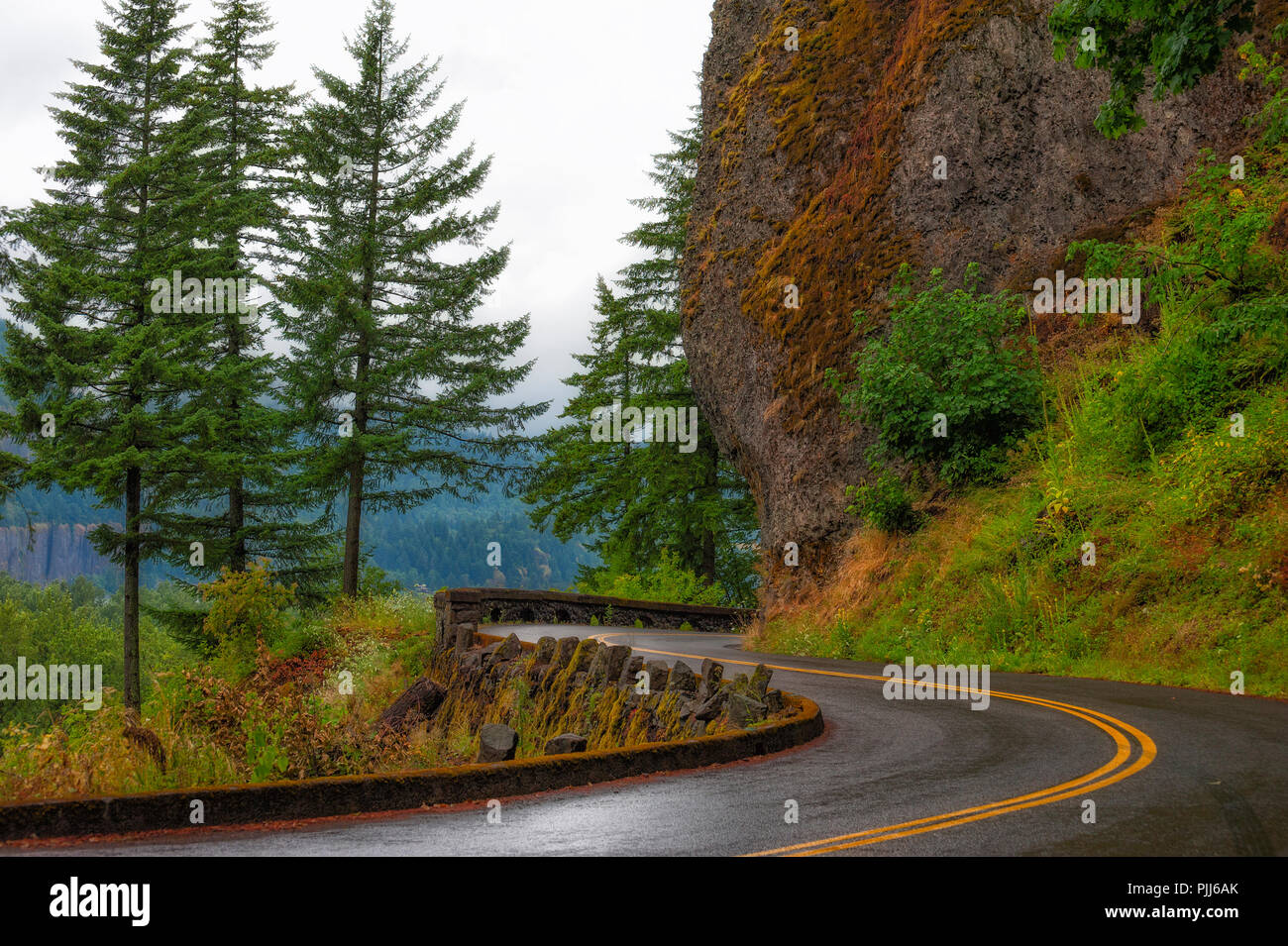 Scenic historical Columbia River Gorge highway winds it's way through ...