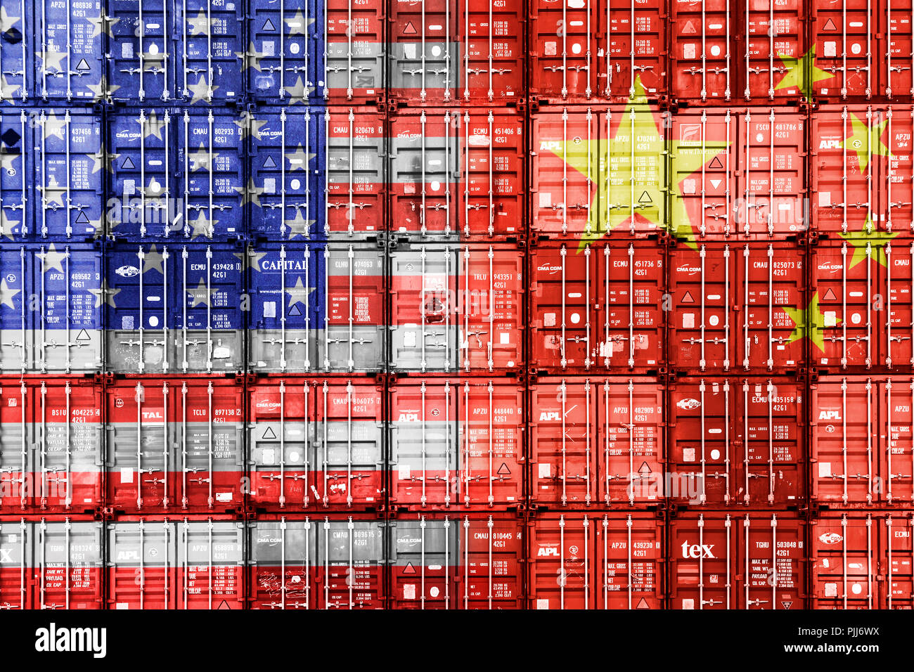 Stacked containers in the national colours of the USA and the People's ...