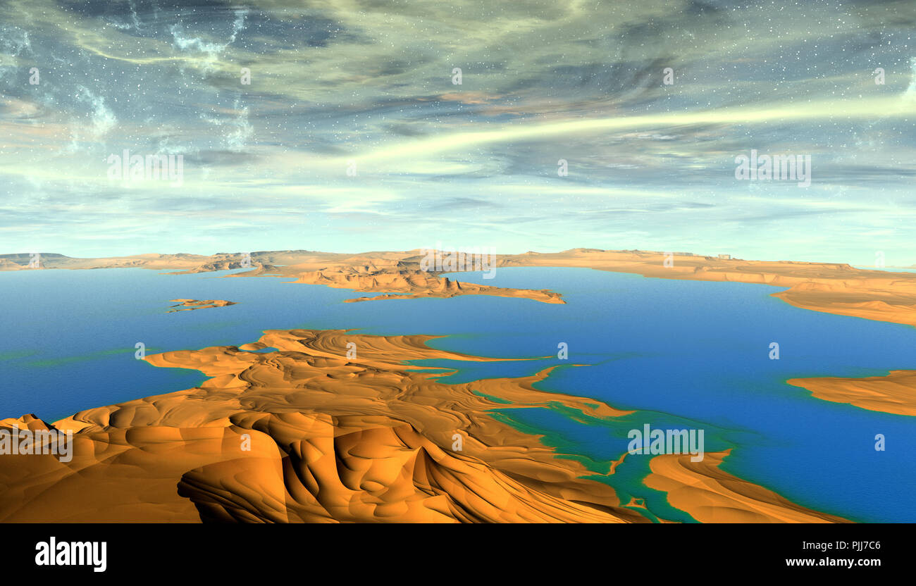 Fantasy alien planet. Mountain and water. 3D illustration Stock Photo ...