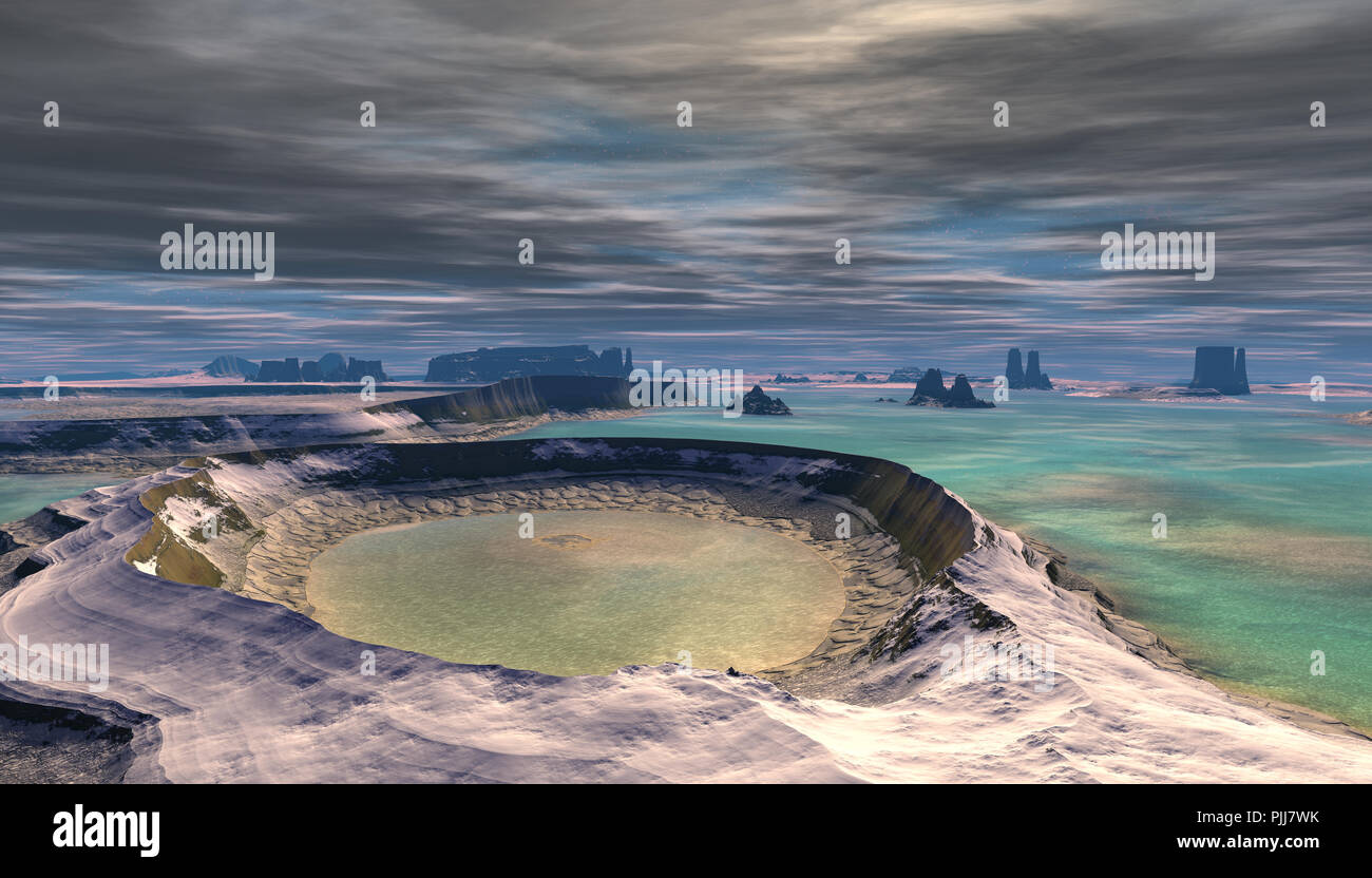 Fantasy alien planet. Mountain and water. 3D illustration Stock Photo ...