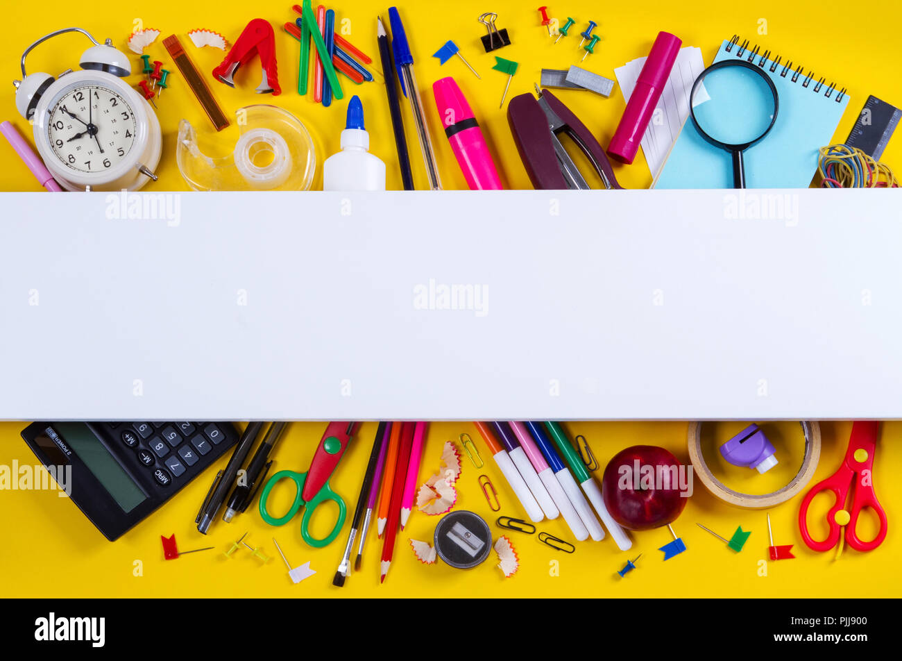 School supplies double border on background Stock Photo - Alamy