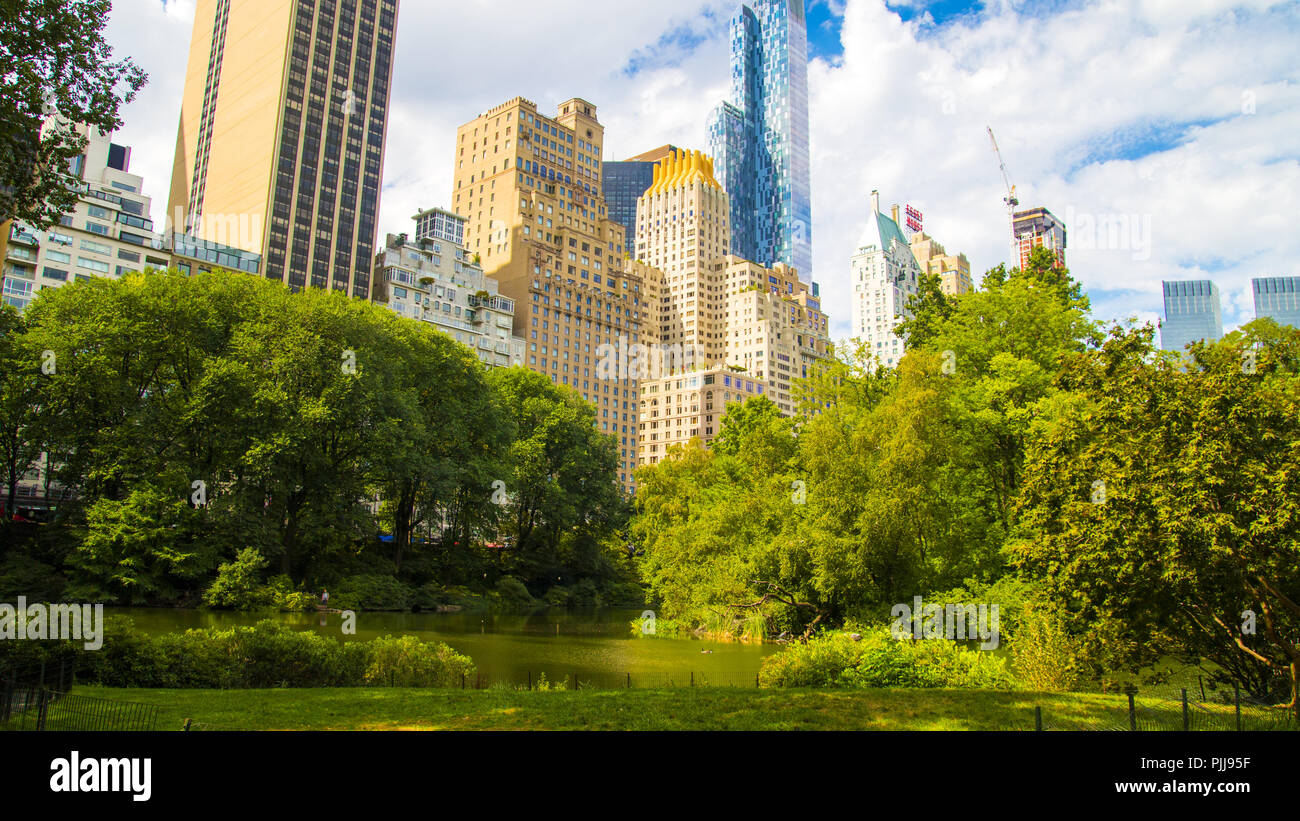 New York City buildings view from green Central Park, Manhattan, NY ...