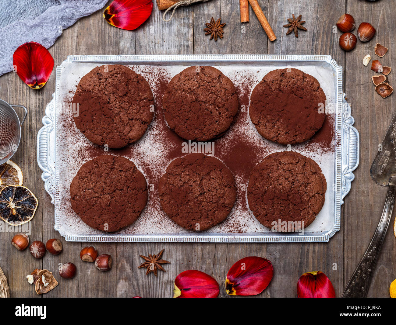 baked round chocolate chip cookies on a silver plate, top view Stock ...