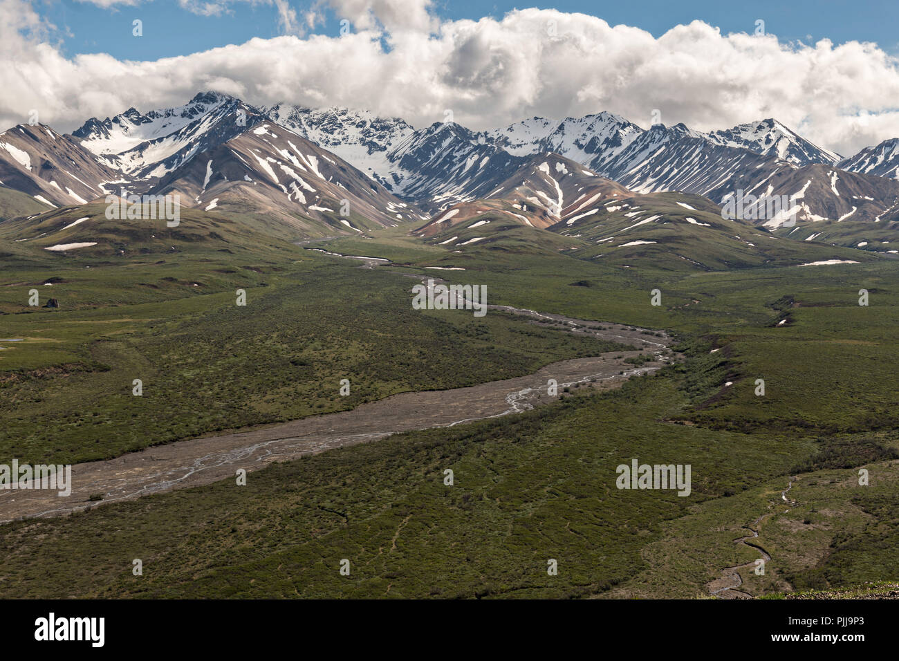 View of the Polychrome Hills and the Alaska Range and the Toklat River ...