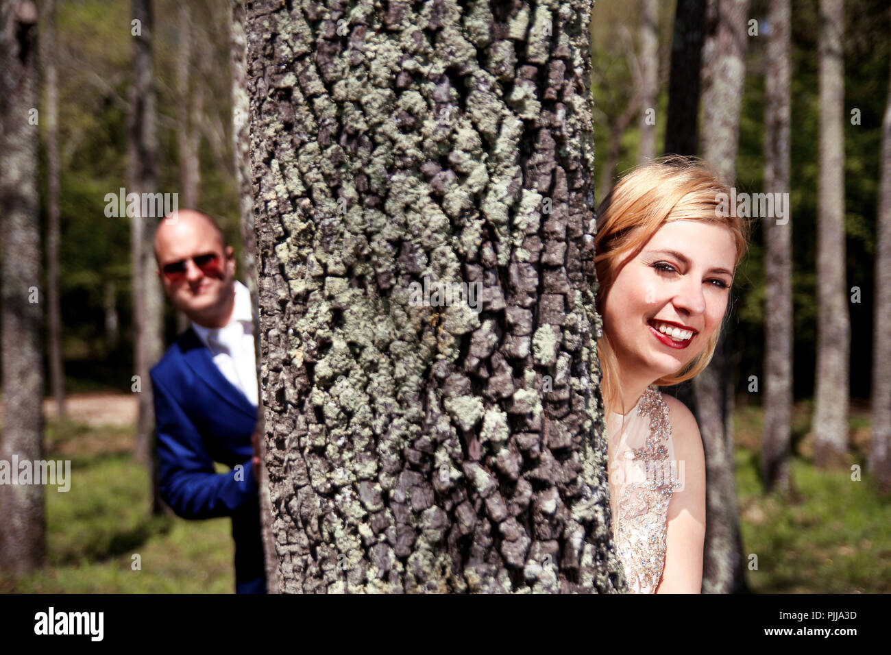 Wedding. Happy wedding couple in the forest. Happy married couple ...