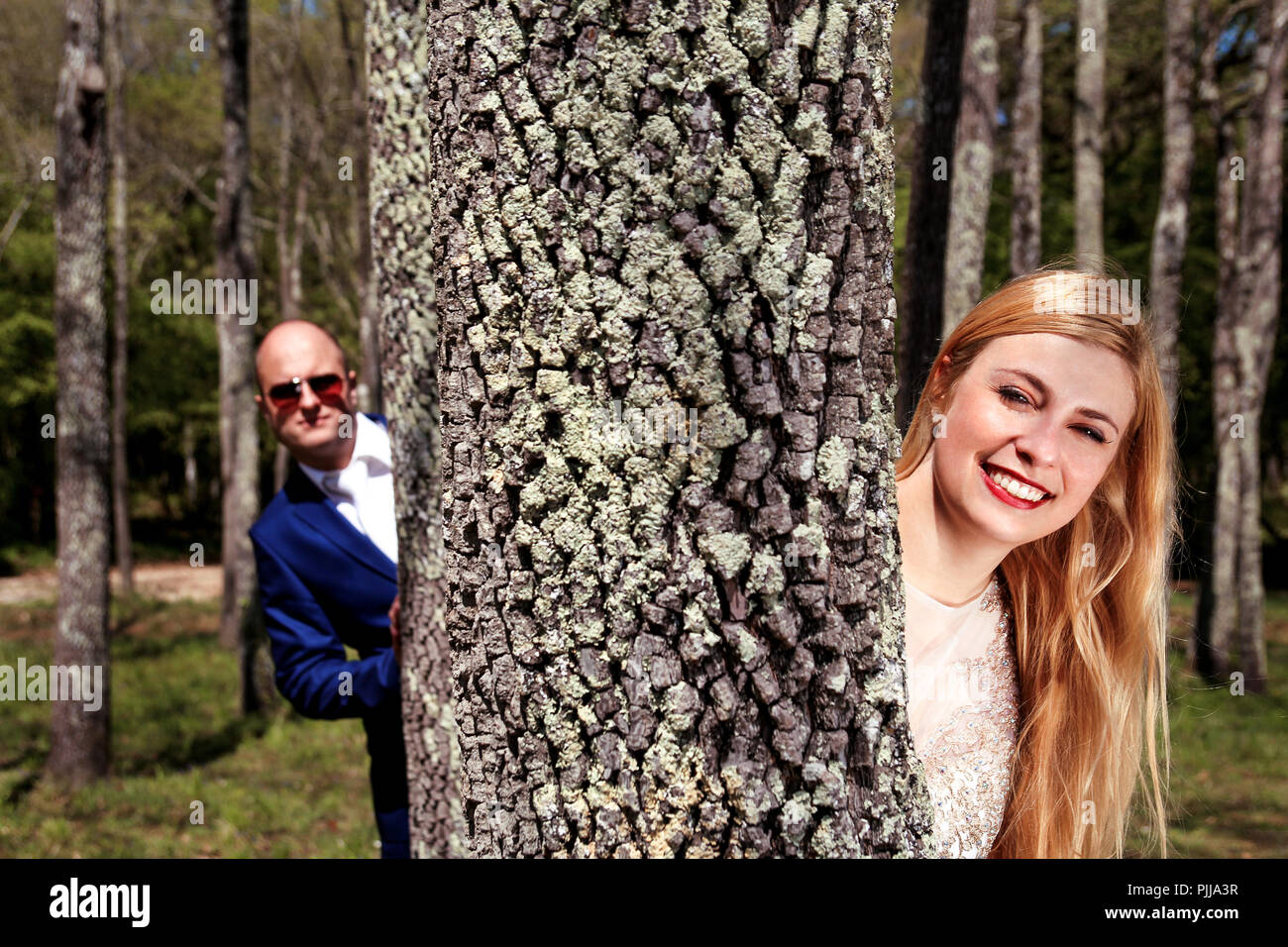 Wedding. Happy wedding couple in the forest. Happy married couple ...