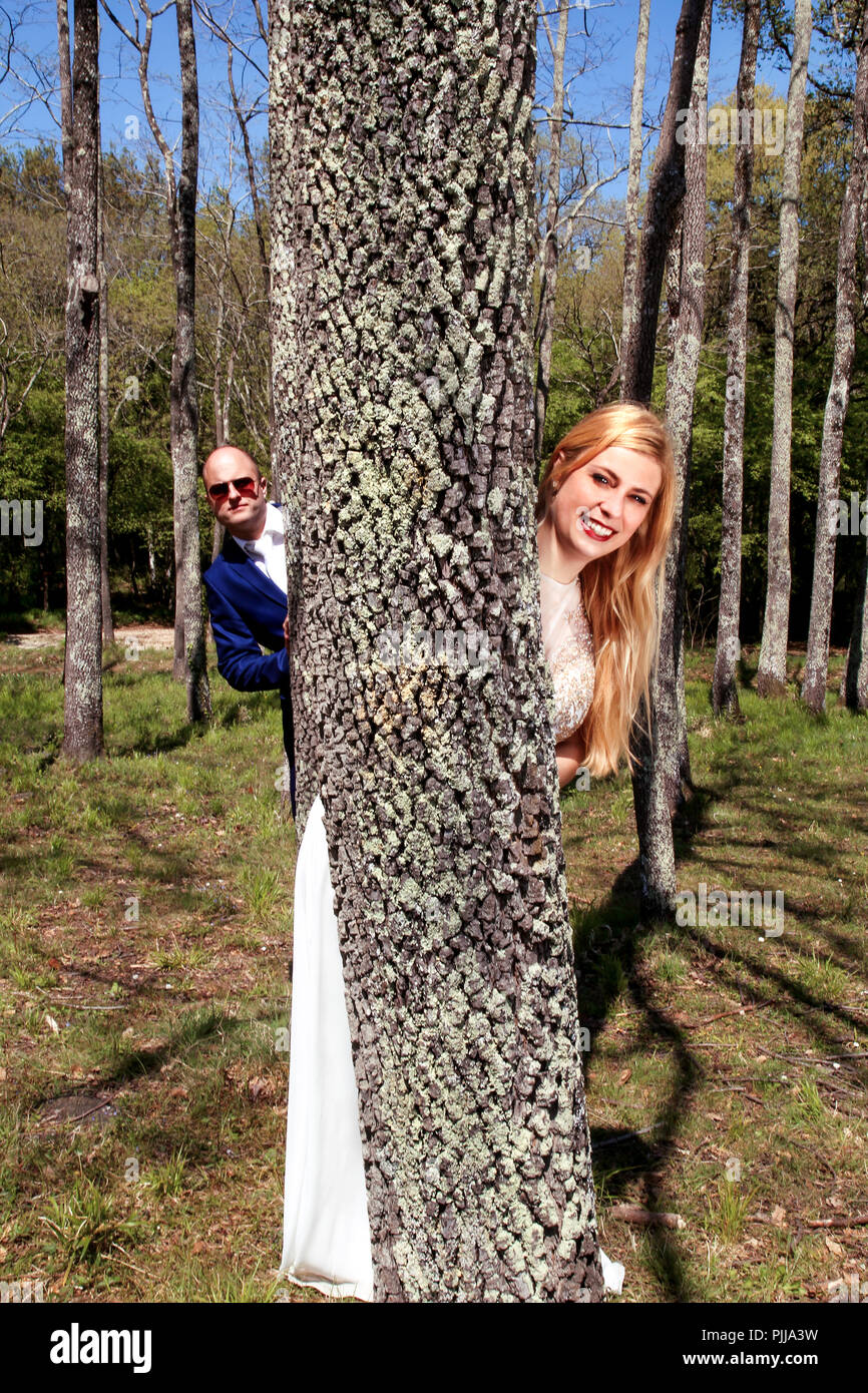 Wedding. Happy wedding couple in the forest. Happy married couple ...