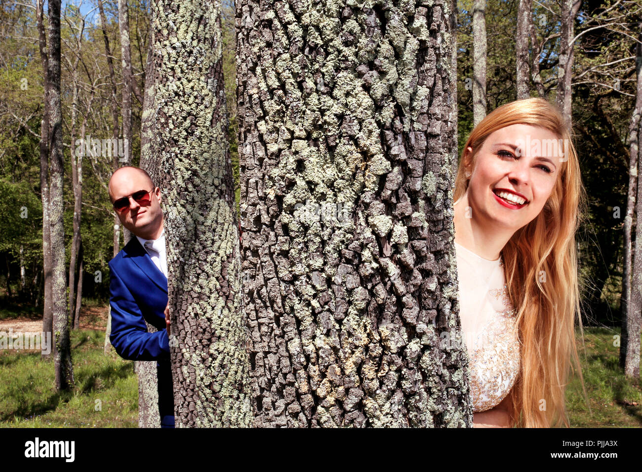 Wedding. Happy wedding couple in the forest. Happy married couple ...