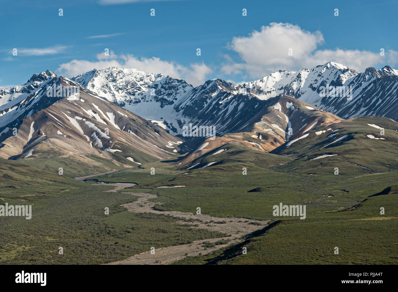 View of the Polychrome Hills and the Alaska Range and the Toklat River ...