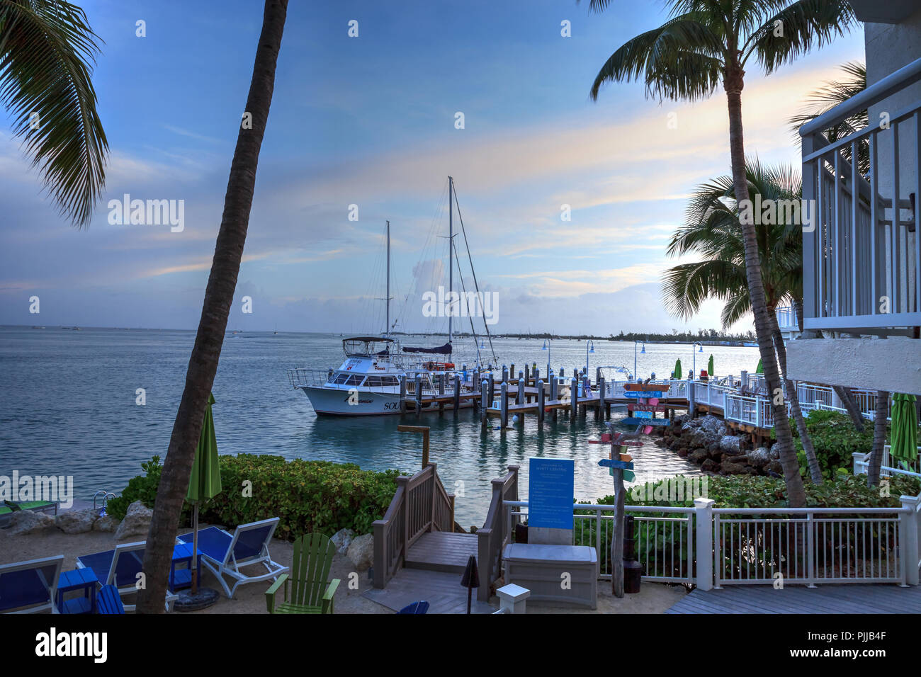 Key West, Florida, USA - September 1, 2018: Ocean view from bench on ...