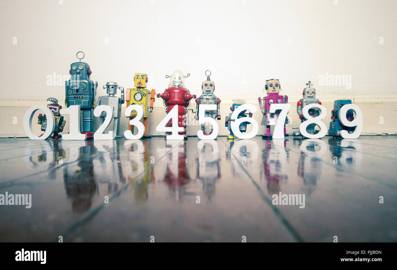 counting retro robots 0 to 9 on a wooden floor with reflection Stock ...
