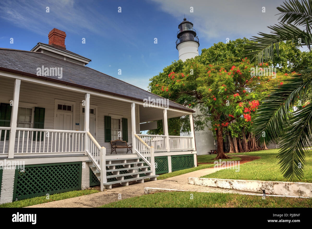 Key West Lighthouse with a Poinciana tree out front overlooks Old Town ...