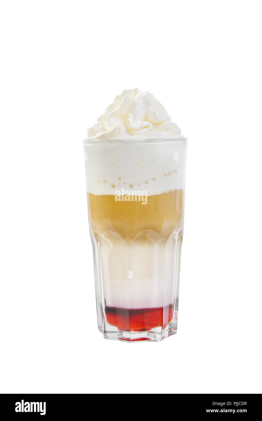 Layered opaque cocktail of coffee, cocoa, milk, whipped cream and berry ...