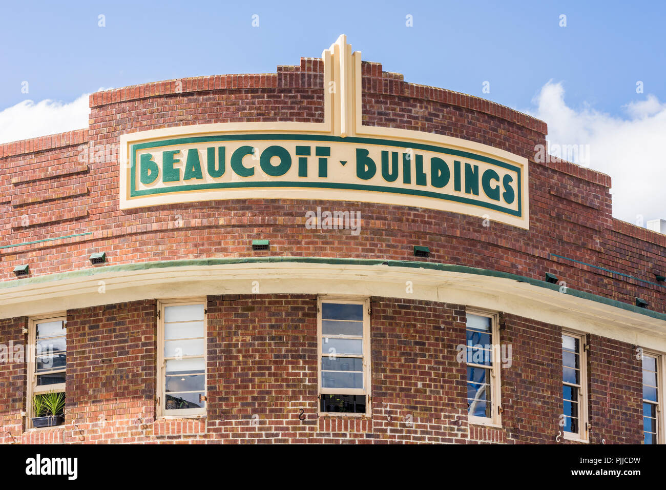 Detail of the 1938 Art Deco Beaucott building on the corner of Walcott ...
