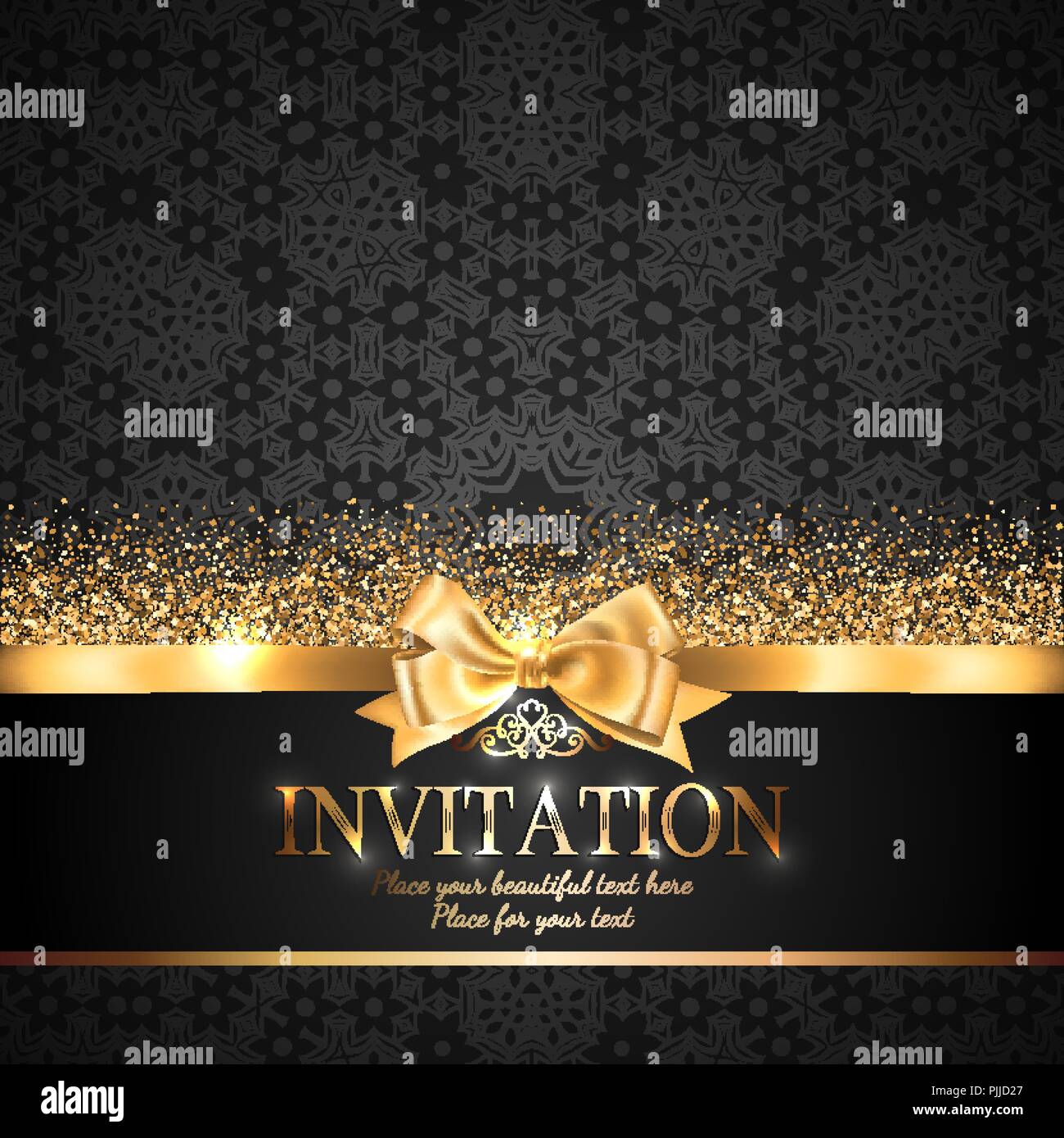 Gorgeous and shiny invitation card or banner with gold ribbon bow and ...