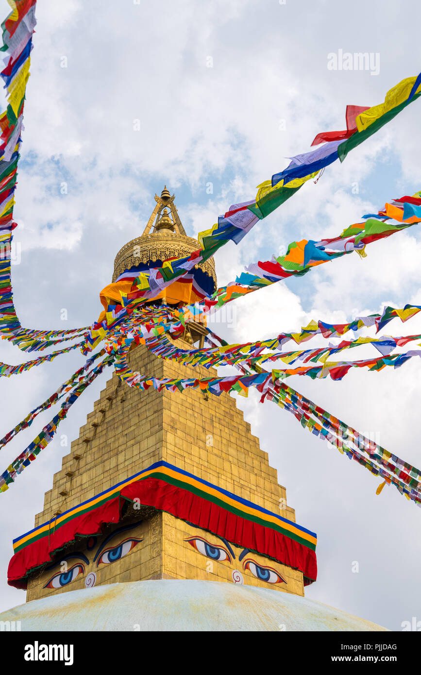 Boudhanath Stupa and prayer flags in Kathmandu, Nepal. Buddhist stupa ...