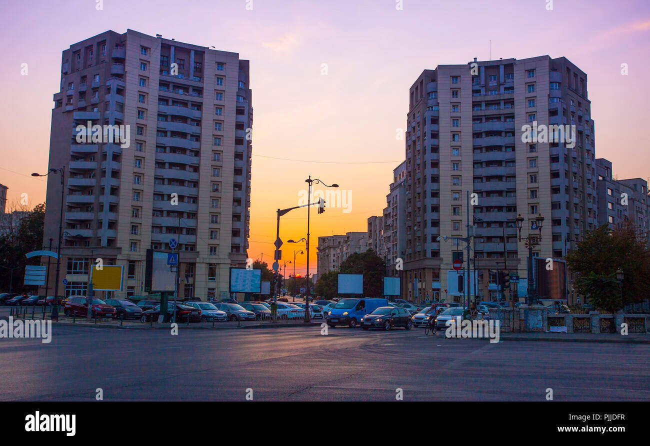 Bucharest city street at sunset. Romania Stock Photo - Alamy