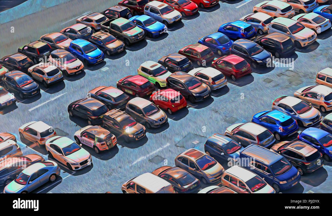 Aerial view of car park presented in an impressionistic style Stock ...